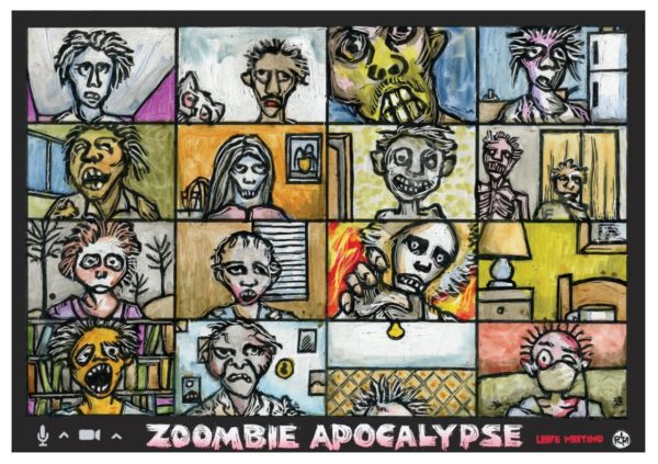 Zoombie Apocalypse (Notecard) – Ricardo Levins Morales Art Studio Store